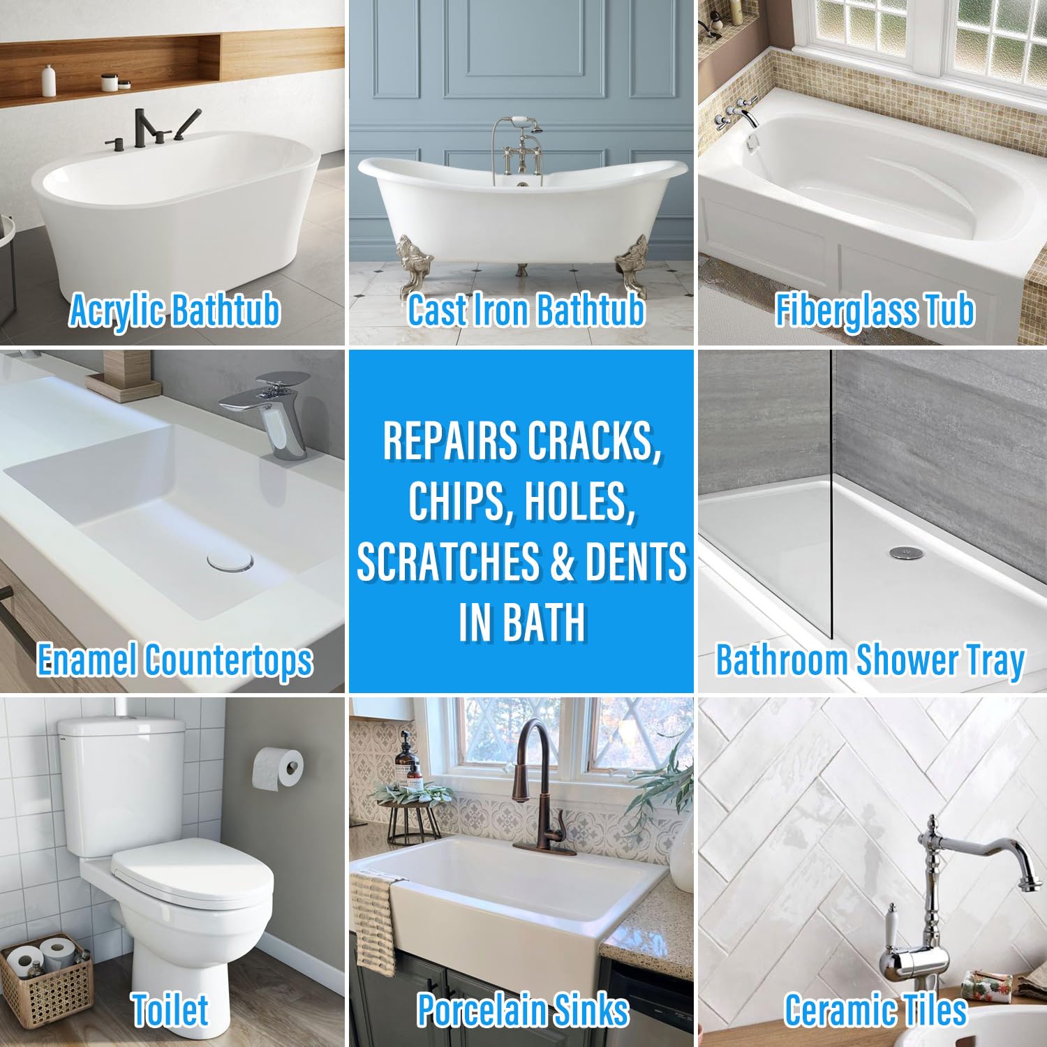 Tub Repair Kit White, Tub Chip and Bathtub Repair Kit for Enamel, Fiberglass, Acrylic, Porcelain, Patch and Repairs Chips, Cracks, Scratches, Rust, Holes on Tub, Toilet, Sink, Shower, Tray in Bathroom