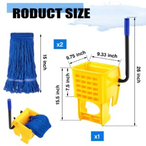 Sunnychicc Side Press Wringer Replacement for Commercial Mop Bucket 26 and 33 Qt, with 2 Pcs Mop Head Replacement, Yellow Mop Wringer with Handle for Easy Use, Blue Mop Head Refill for Cleaning Floor