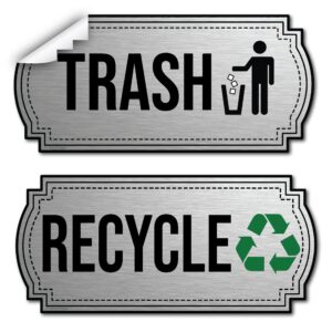 recycle and trash stickers for trash cans - stainless steel style vinyl recycling bin labels - 2 pack - 6.5" by 3" decals logo - waste signs for home kitchen or office bins indoor/outdoor use