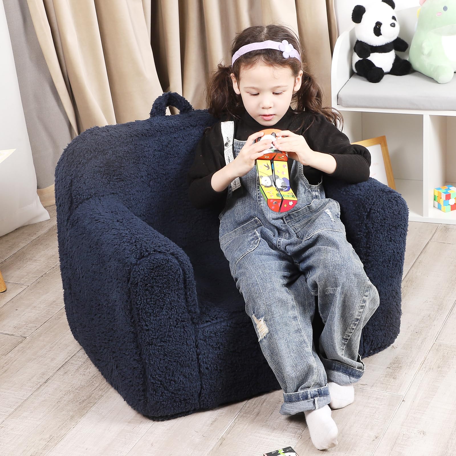 MOMCAYWEX Kids Snuggly-Soft Sherpa Chair, Cuddly Toddler Foam Chair for Boys and Girls, Dark Blue