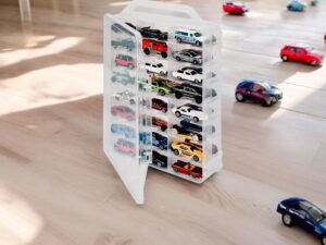 double sided storage case for 46 hot wheels, matchbox cars, small action figures, crafts; portable transparent storage case with 46 compartments, case only (transparent)