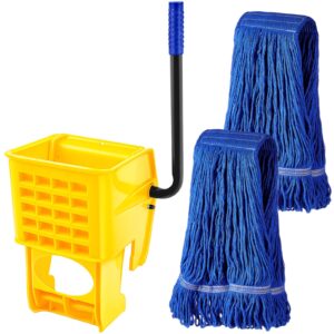 sunnychicc side press wringer replacement for commercial mop bucket 26 and 33 qt, with 2 pcs mop head replacement, yellow mop wringer with handle for easy use, blue mop head refill for cleaning floor