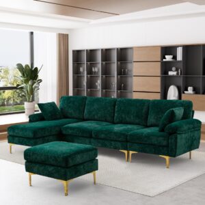 ouyessir u-shaped sectional sofa couch, 4 seat sofa set for living room, convertible l-shaped velvet couch set with chaise lounge, ottoman and pillows,114 inches (emerald green)