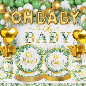 244 pcs sage green baby shower decoration set includes plates, napkins, cups, cutlery, oh baby backdrop tablecloth balloon garland kit for boho greency neutral party supplies, 25 guest