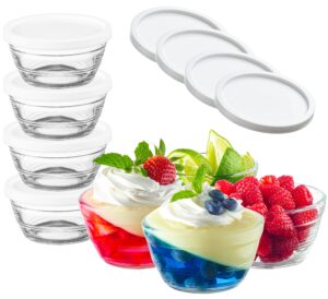 16pc set of small glass bowls with airtight lids - 8oz stackable custard cups - 8 clear mise en place food prep bouillon cups & mixing bowls + 8 lids for sauces dips, nuts oats, candy dessert, cereal.