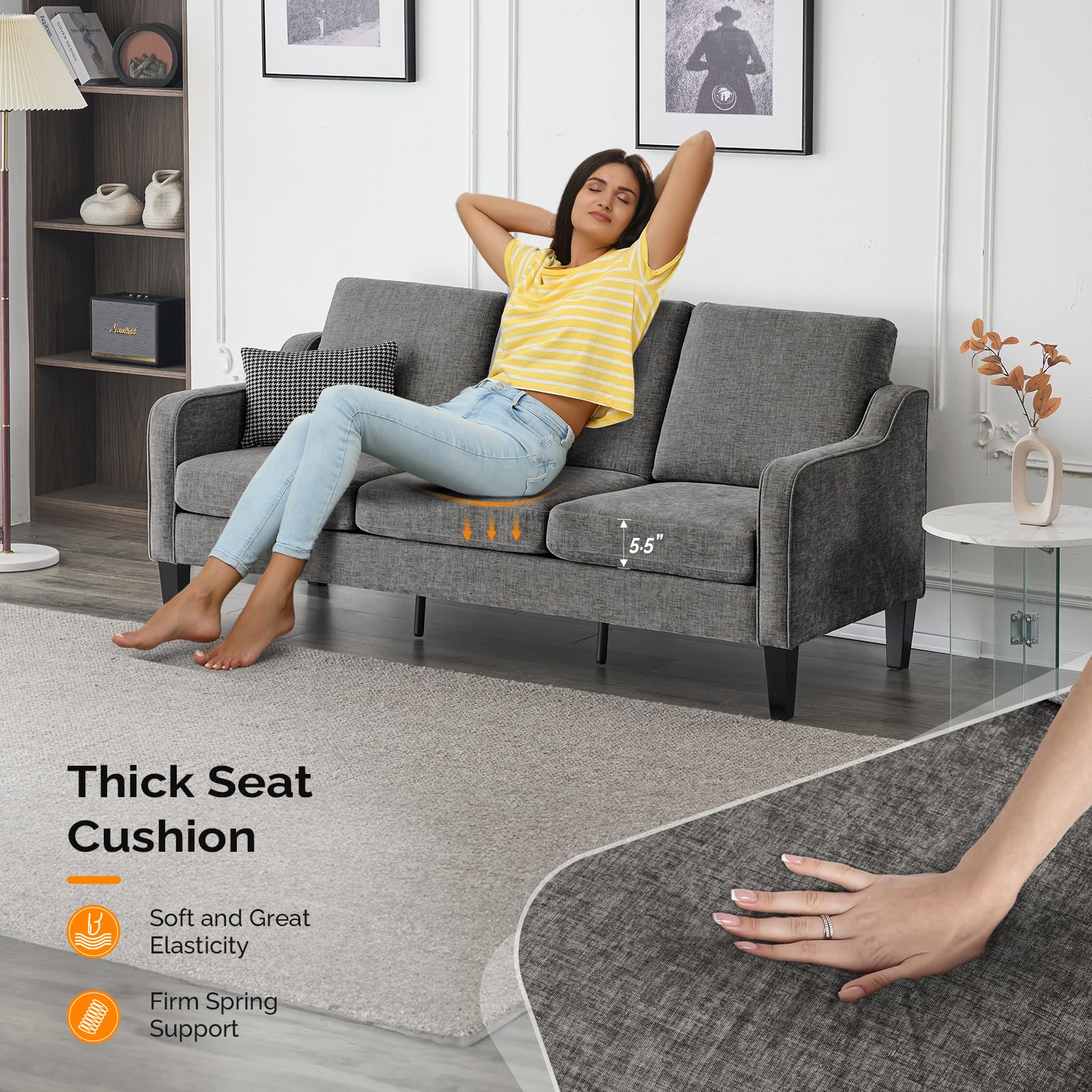 VINGLI Couches for Living Room Sofa 71" Small Couch Loveseat Sofa Mid-Century Modern Couch Grey Soft Chenille Couches Floor Sofa for Bedroom, Apartment, Lounge, Office