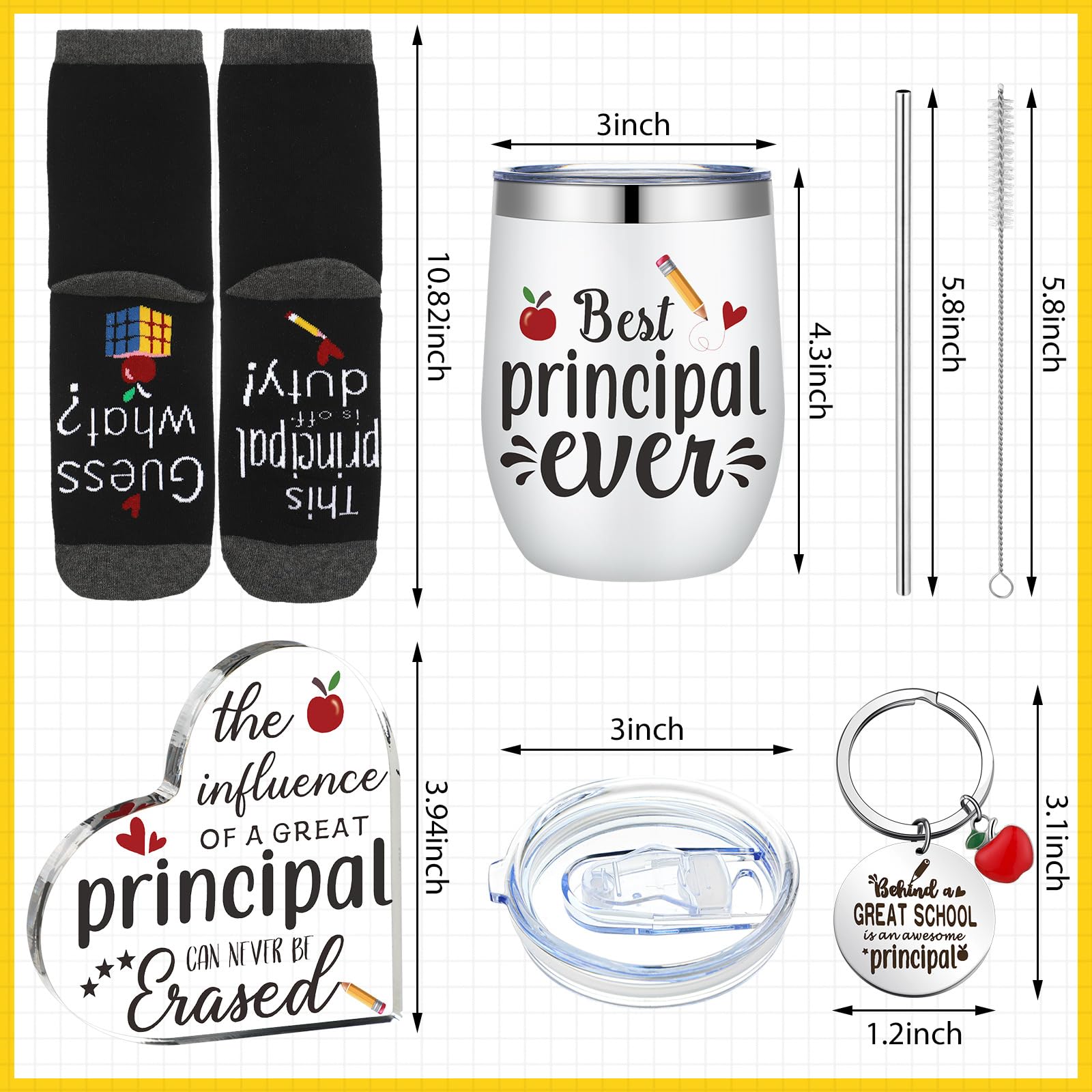 FoldTier 5 Pcs School Principal Appreciation Gifts for Women Men 12oz Principal Tumbler with Lid and Straw Principal Socks Stainless Steel Keychain Acrylic Heart Sign Gift Box for Principal Gifts