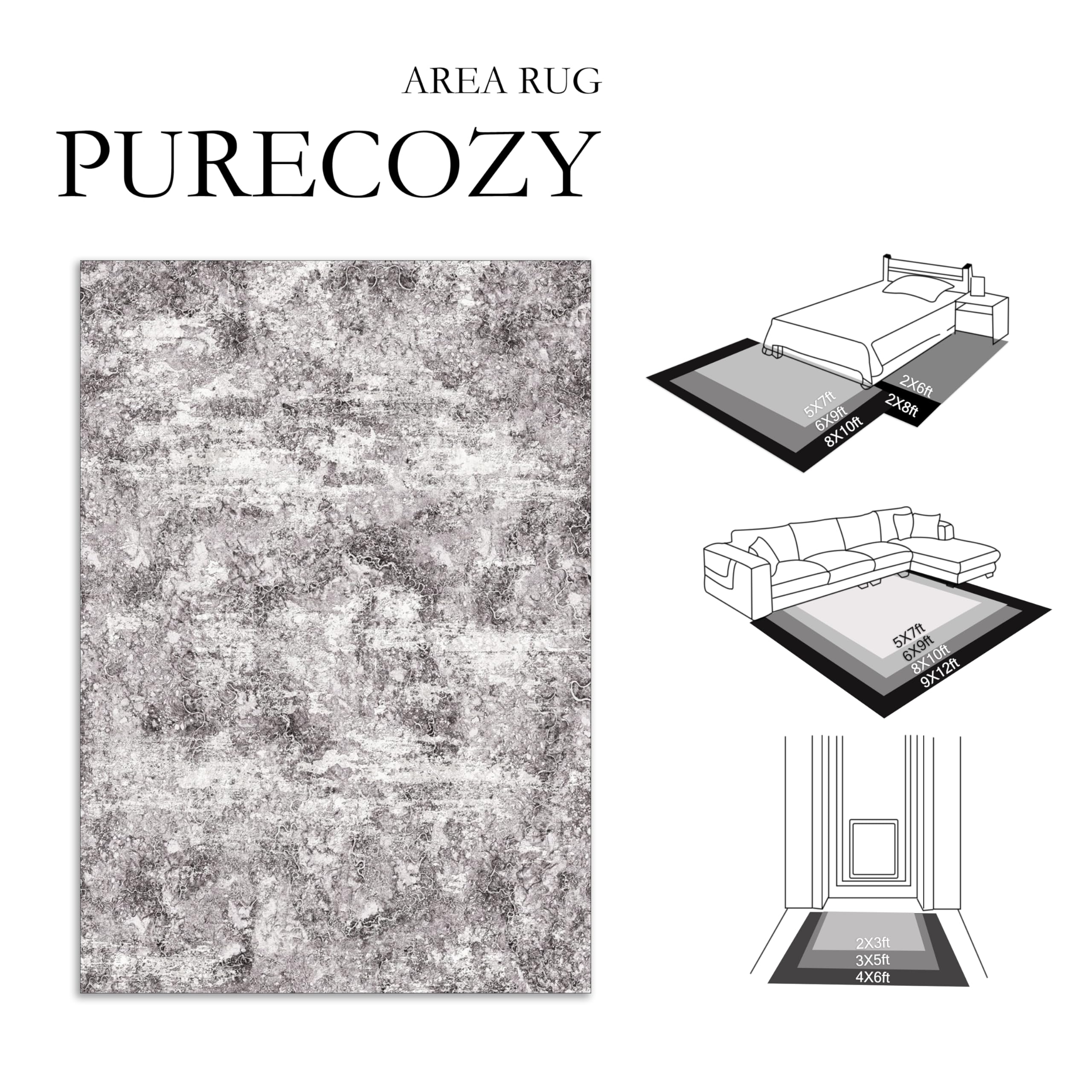 PureCozy Grey Area Rug 5x7 Abstract Living Room Rug Modern Kitchen Washable Indoor Accent Rug Distressed Throw Rug Bedroom Office Dining Room Low Pile Carpet Classroom Nursery