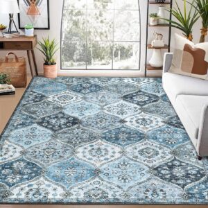 gaomon 9x12 area rug modern trellis machine washable area rug for living room bedroom vintage medallion floral non-slip stain resistant accent rug carpet for home decor, blue/grey