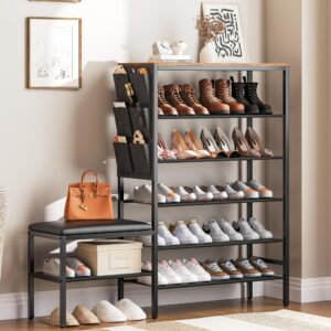 furko shoe rack with seating bench,shoe storage organizer for entryway,large capacity 6-tier shoe shelf,steel frame wood top,for closets, hallway,47.6 * 11.8 * 43.8 inches, rustic brown