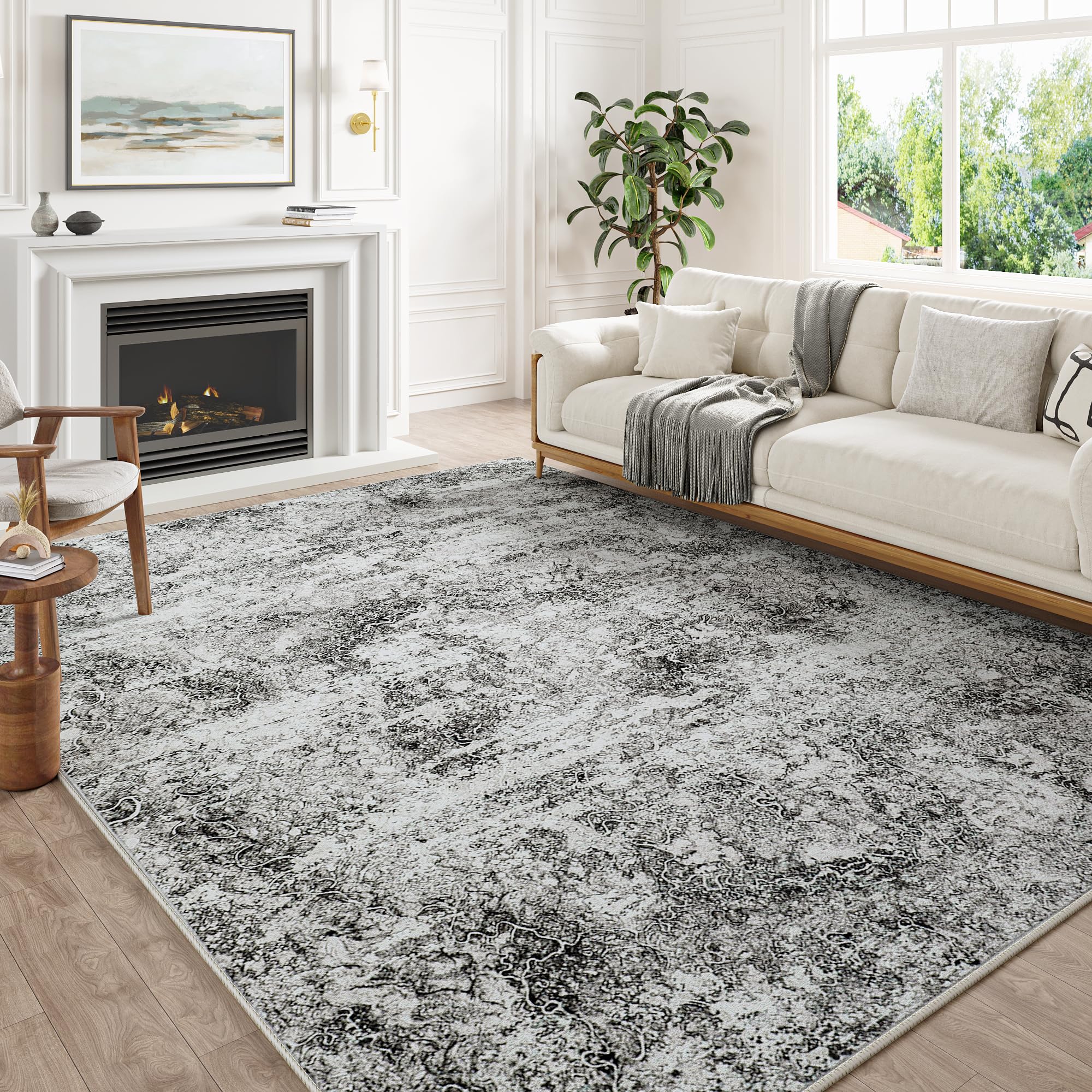 PureCozy Grey Area Rug 5x7 Abstract Living Room Rug Modern Kitchen Washable Indoor Accent Rug Distressed Throw Rug Bedroom Office Dining Room Low Pile Carpet Classroom Nursery