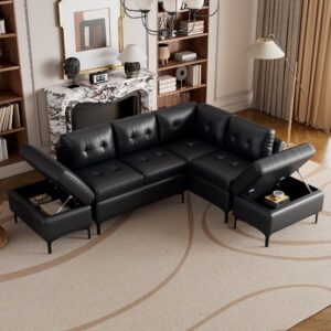 linique 94.8" l-shaped pu leather sofa with 2 movable storage ottoman, modern sectional sofa set for living room, apartment, black