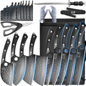 xyj professional black kitchen knife set with high-carbon steel forged blades, chef's knife, cleaver, carving knife, nakiri, full tang design, includes carrying bag & poultry scissors,christmas gifts