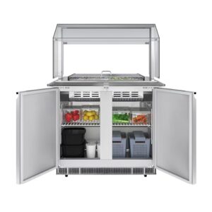 KoolMore 36 in. Commercial Refrigerated Prep Station with Sneeze Guard and Buffet Slide, 6 Pans with Covers and Two Adjustable Shelves in Stainless-Steel, ETL Listed (KM-RBT-36CSFG)