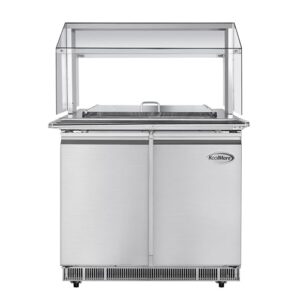 koolmore 36 in. commercial refrigerated prep station with sneeze guard and buffet slide, 6 pans with covers and two adjustable shelves in stainless-steel, etl listed (km-rbt-36csfg)