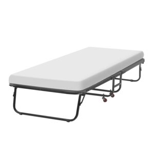 twin folding bed rollaway portable guest bed cot space saving bed frame no assembly sturdy folding cot with mattress wheels for office bedroom guest camping, white