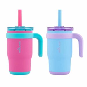 reduce 14oz coldee tumbler with handle for kids leakproof insulated stainless steel mug with lid & straw keeps drinks cold up to 18 hrs – spill proof chew-resistant straw- 2 pack