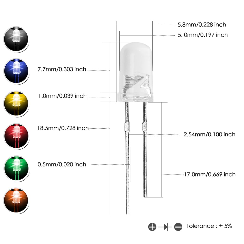 GuuYebe LEDs, Single LED Light 5mm LED Diode Lamp DIY Kit with White Red Green Blue Yellow Orange Diffused Round Lens DC 3V 20mA Mini Bulbs Electronics Components 6 Colors x 10PCS