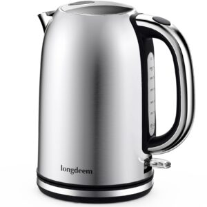 longdeem fast-boil electric tea kettle, 1.7l stainless-steel water heater, 1500w, cordless design with led, auto-shutoff & anti-dry protection, silver