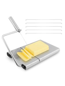 qwlwbu stainless steel cheese slicer cutter multipurpose cheese slicer food cutter with 6 replacement-wires cheese cutter board with accurate size scale cheese cutter(color:silver)