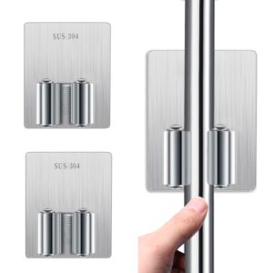 2pcs broom holder wall mount self adhesive mop and broom holder stainless steel broom hanger heavy duty for laundry storage bathroom kitchen garage