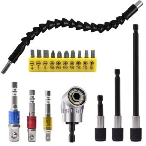 flexible drill bit extension, hex shank 105° right angle drill, 3pcs drill bit holder extension, 3pcs 1/4 3/8 1/2" universal socket adapter, 11.6 inch screwdriver soft shafts, screwdriver bit kit