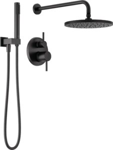 delta faucet modern raincan 2-setting round shower system including rain shower head and handheld spray black, rainfall shower system brushed black, shower valve trim kit, matte black 342702-bl