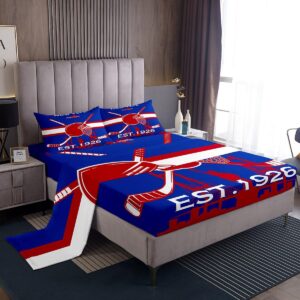 erosebridal ice hockey themed bed sheets set for twin bed,ice hockey fans sheet set for boys,ice hockey lovers sheets,red blue gray flat fitted sheet with 1 pillowcase(new york)