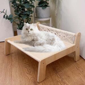 toyafun boho cat hammock bed - macrame elevated cat bed for indoor cats, free-standing breathable cat chair, wooden cat swing bed pet furniture gift for cats and small dogs