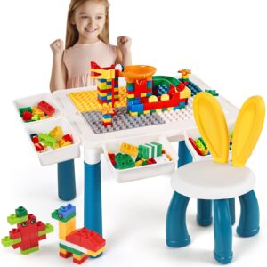 all-in-one kids multi-functional building blocks table, activity table and chairs set with 206 pcs building brick blocks, storage, 4 heighten legs water/sand/play/dinning table for toddlers (blue)