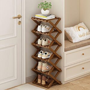 narrow shoe rack - shoe storage organiser- vertical bamboo foldable shoes shelf for entryway, closet, bedroom, hallway ([tawny] 6 layers)