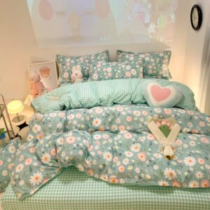 cinyana sage green duvet cover,botanical daisy floral duvet cover set,3 pcs kids comforter cover set,garden flower bedding set,soft reversible for girls women boys(flowers,queen)