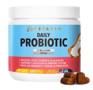 petaxin probiotics for dogs - 6 strains with prebiotics - supports digestive and immune system – relief for diarrhea, bad breath, allergies, gas, constipation, hot spots - made in usa - 120 chews