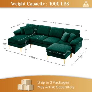 Wrofly U Shaped Sectional Sofa Couch, 114" Convertible L Shaped Sofa with Chaise Lounge & Ottoman, Modern Oversized Modular 4 Seat Sleeper Sofa Set for Living Room Office, Emerald Green Velvet