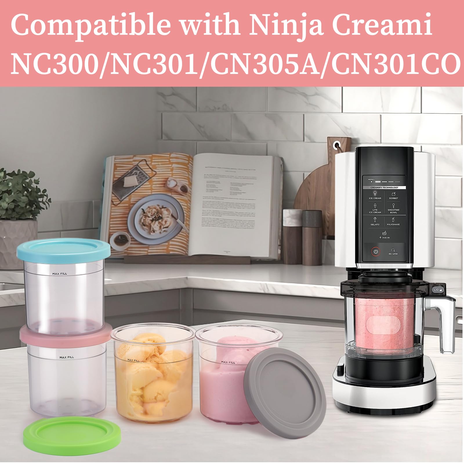 GOHOHOF Ice Cream Pint Containers for Ninja Creami Pints and Lids 4 Pack Extra Replacement Pints for Ninja Creami NC301, NC300, CN301CO, CN305A NC301Series Ice Cream Maker(Grey,Pink,Cyan,Blue Lids)