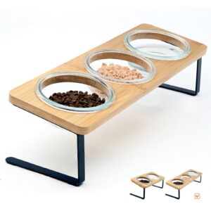 lawfery elevated cat bowls, 15° tilted cat food bowl, includes 3 glass cat bowls, bamboo board, and metal stand for cats and puppies