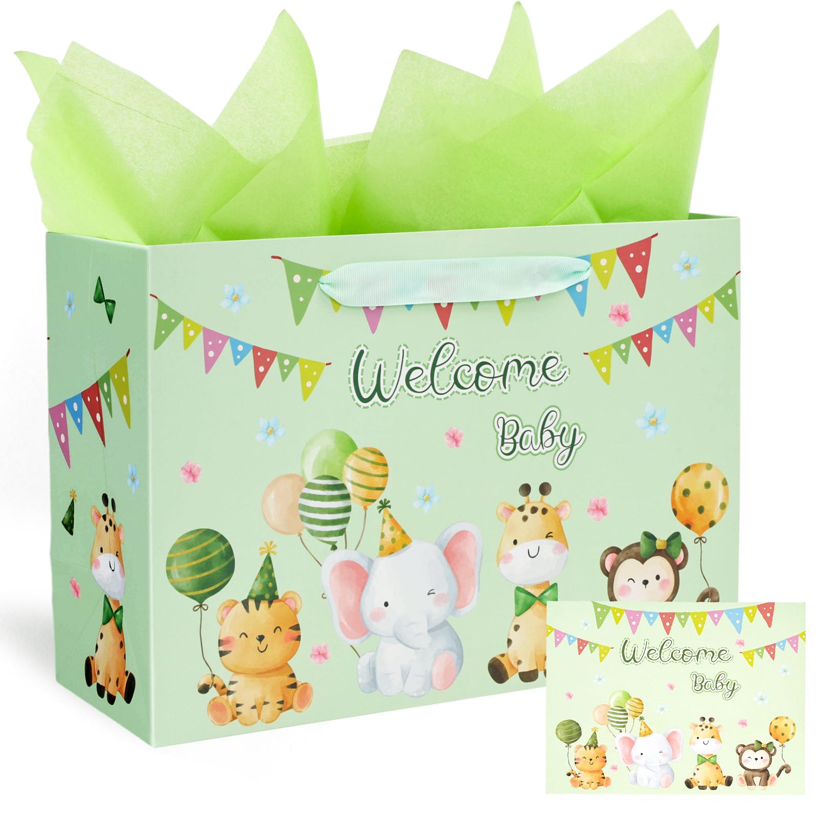 JOHOUSE Baby Gift Bag, 12" Paper Bag with Tissue Paper Ribbon Greeting Card Large Gift Bag for Baby Boy Girl Shower Newborn 1st Birthday Gender Reveal Party Green