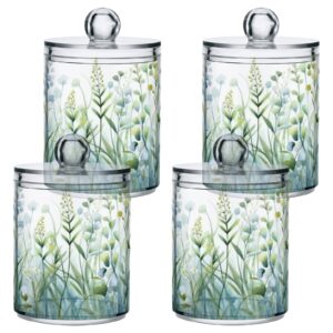 yettasbin green leaves clear plastic apothecary jars 4 pack, 14 oz qtip holder dispenser with lid, clear bathroom storage canister for cotton ball, cotton swab, g337490891p746c790s1725