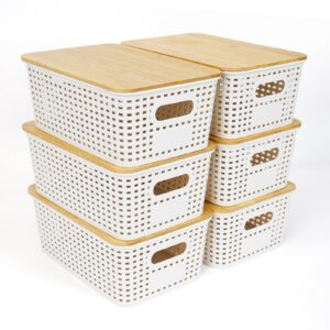 uhapeer 6 pcs storage bins with bamboo lids plastic baskets plastic storage containers for organizing stackable storage box with handle for shelves drawers desktop closet classroom office（white）