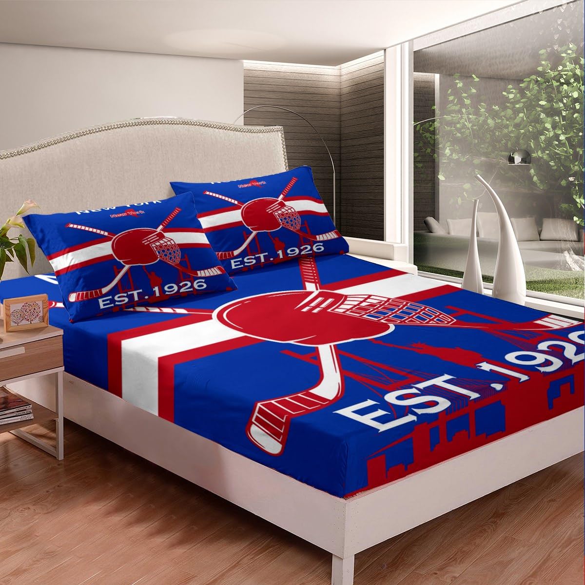 Erosebridal Ice Hockey Themed Bed Sheets Set for Twin Bed,Ice Hockey Fans Sheet Set for Boys,Ice Hockey Lovers Sheets,Red Blue Gray Flat Fitted Sheet with 1 Pillowcase(New York)