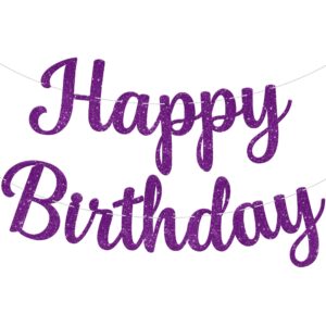 katchon, glitter happy birthday banner purple - prestrung, 10 feet | cursive purple happy birthday sign, purple birthday decorations for women | purple birthday banner for purple party decorations