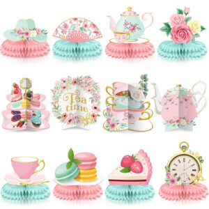 chrisfall 12 pcs floral tea time themed party decorations spring vintage teapot honeycomb centerpieces talking toppers supplies for flower theme party baby shower princess birthday wedding supplies