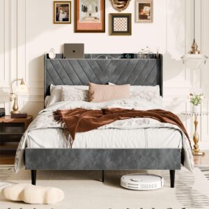 sunlei bed frame with wingback storage headboard, queen size bed frame with charging station and velvet fabric, strong wood slats, easy assembly, no box spring needed, light grey