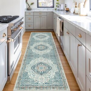 beeiva oriental long hallway runner rug washable, 2.5x8 low pile carpet runner rug non slip, blue rug with rubber backing kitchen runner rug for bedroom entryway laundry room