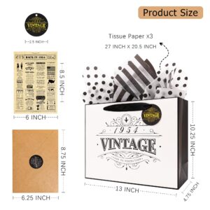 Crisky 70th Birthday Gift Wrap Bag Vintage 1954 with 70th Birthday Card Matching Envelope Sticker and Tissue Paper for Women/Men/Wife/Husband/Mom/Dad, 13" x 10" x 5"