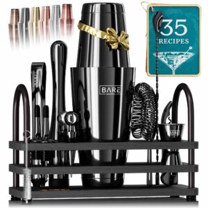 bare barrel® mixology bartender kit bar set | 14-piece cocktail shaker set | martini barware mixing tools for home bartending | 35 recipe cards | gift set (28oz boston shaker, jet black/black)