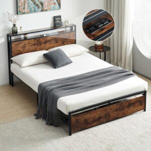 virabit bed frame full size with drawers, full platform bed frame with headboard and power outlets, no box spring needed, easy assemble(brown).