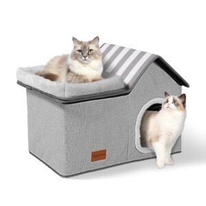 topmart cat house with cat bed,large cat houses for indoor cats condo,2-in-1 cat condo pet bed for kitten and small cat, grey