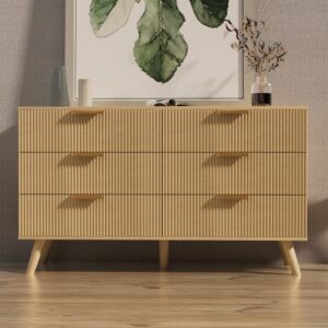 buenhomino 6 drawer dresser for bedroom, 47" wide modern chest of drawers with fluted design, dresser tv stand, boho storage wood dresser organizer for living room, hallway, closet, entryway natural