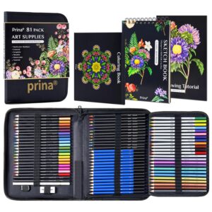 prina 81 drawing set sketching kit, pro sketch stuff art supplies with rainbow, colored, graphite, watercolor, metallic, charcoal pencils, sketchbook, coloring book, gift case for artists adults kids